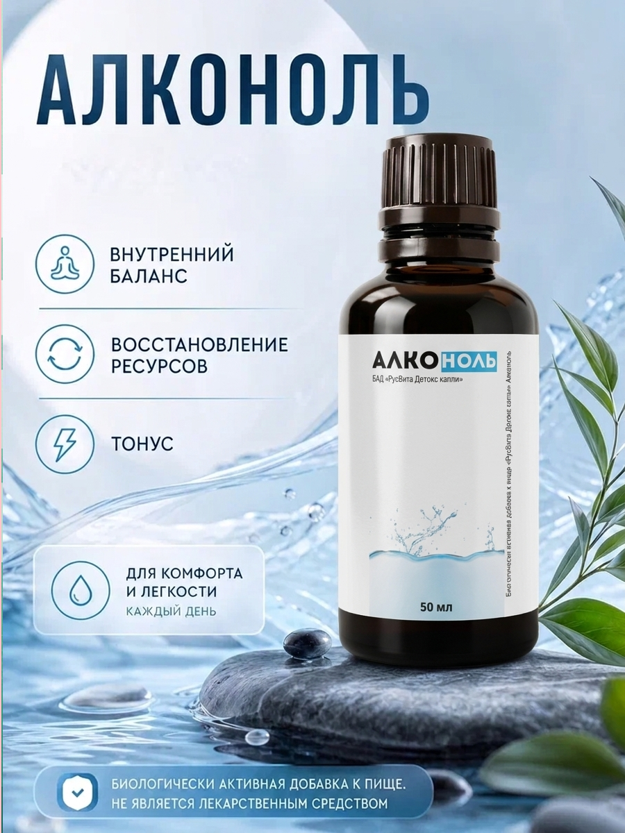 БАД русвита детокс, алконоль (ALCONOL) от алкогольной зависимости, натуральный состав, 50 мл