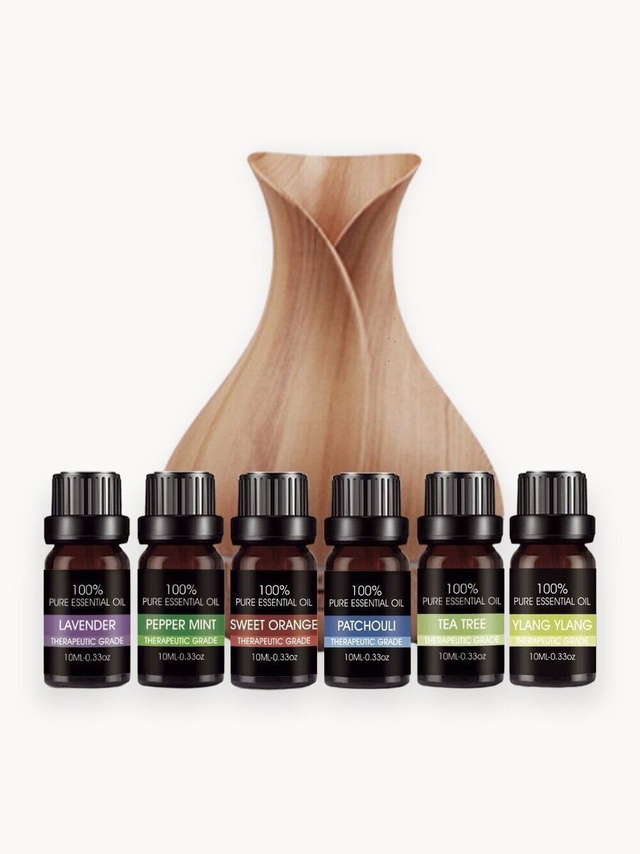 Набор эфирных масел, 6 шт в наборе. Эфирное масло мяты перечной, лаванды, чайного дерева, пачули, иланг-иланг, апельсина