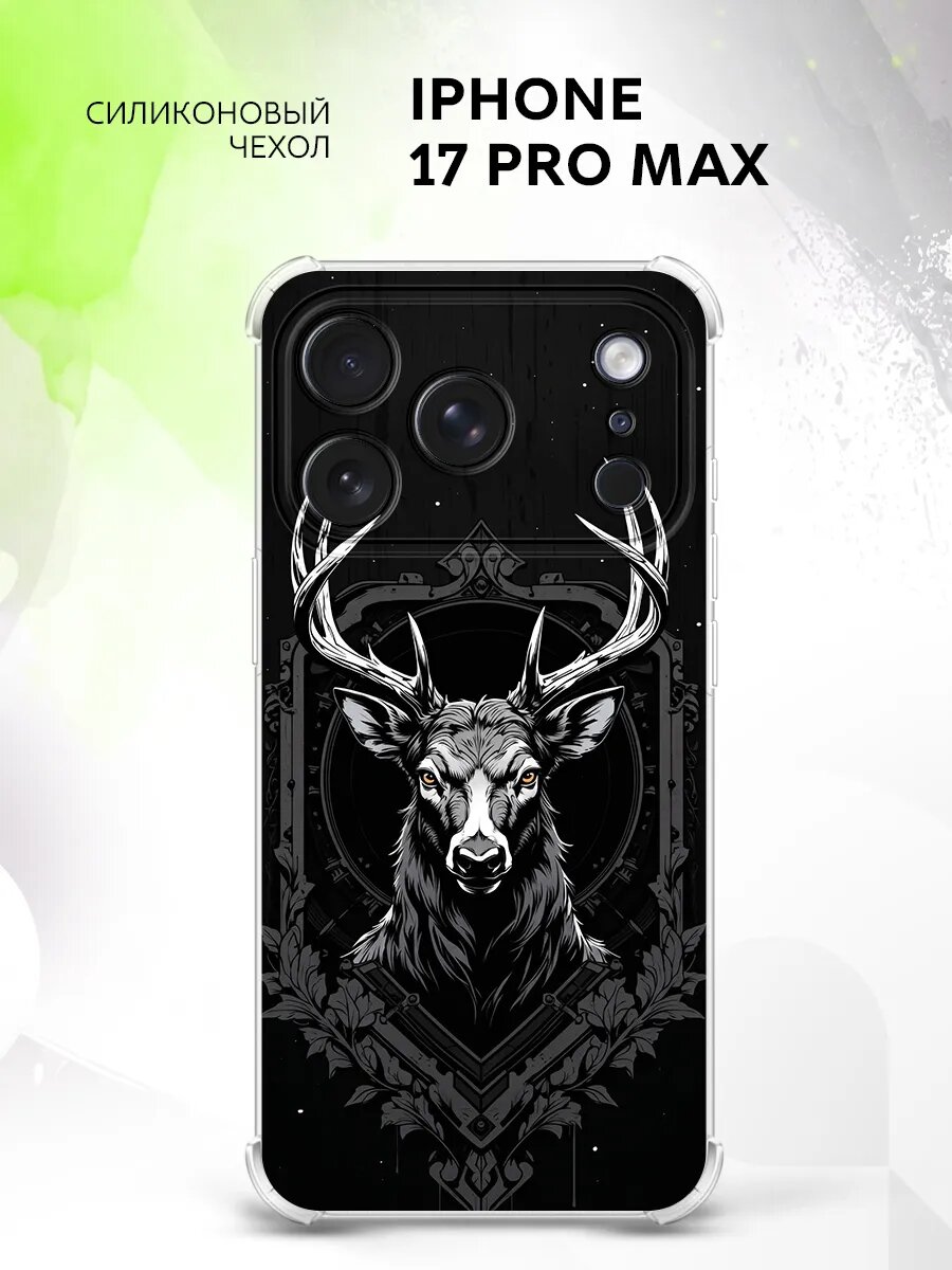 Чехол на iPhone 17 Pro Max, Айфон 17 Про Макс защита камеры и углов, прозрачный с рисунком герб олень