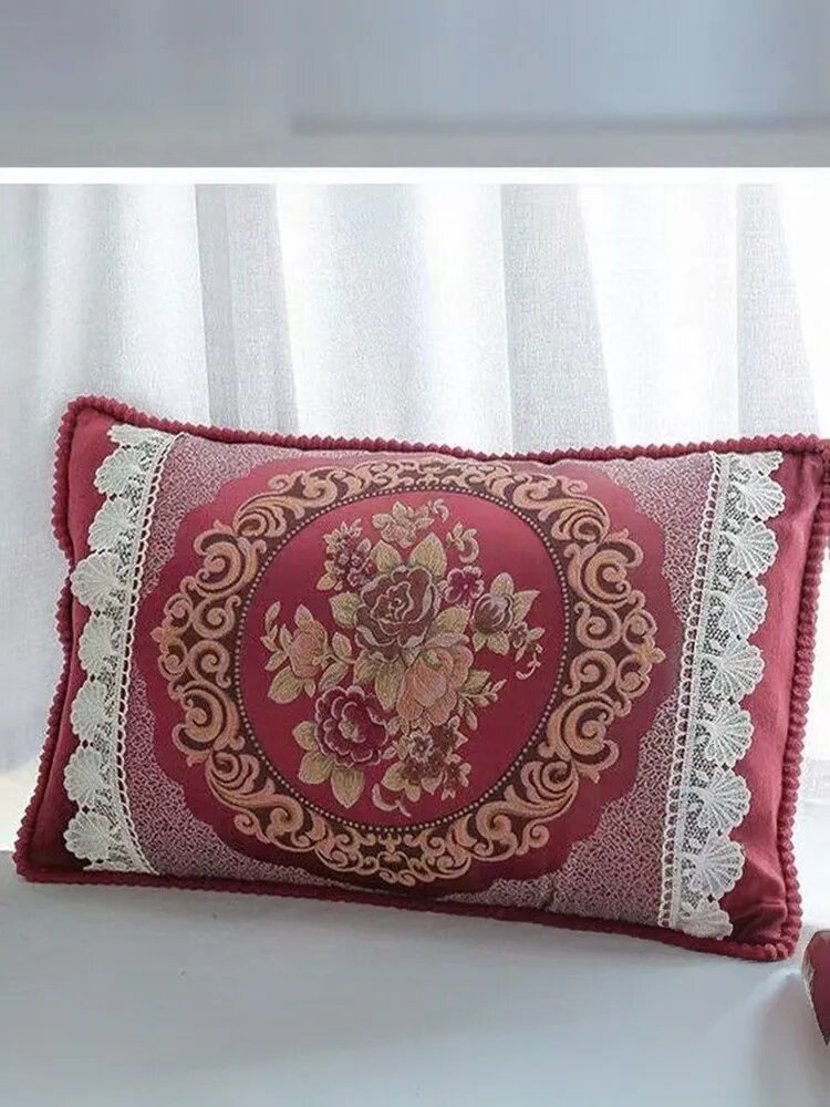 Наволочка декоративная 58x78 см, 1 шт, Жаккард, Бархат, Цветы, Красный