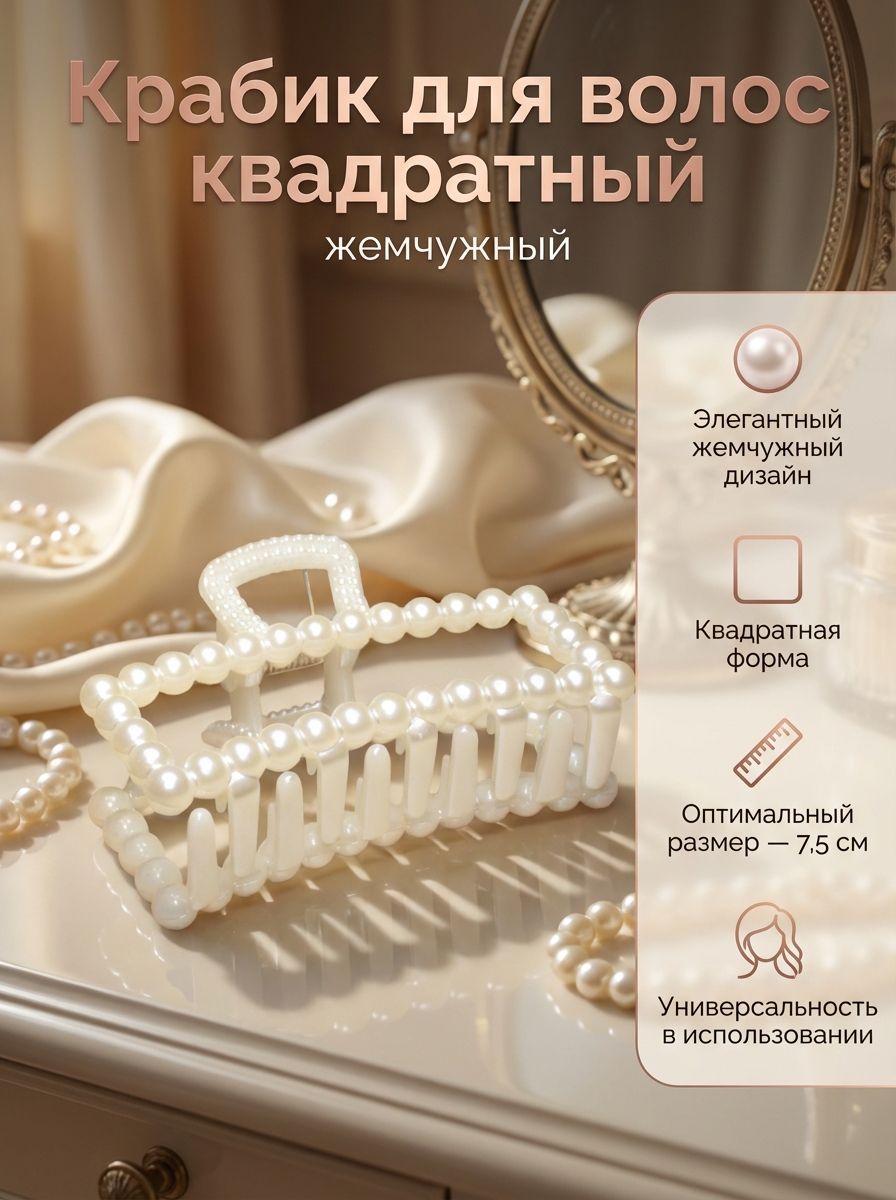 Легкий крабик для волос квадратный жемчужный
