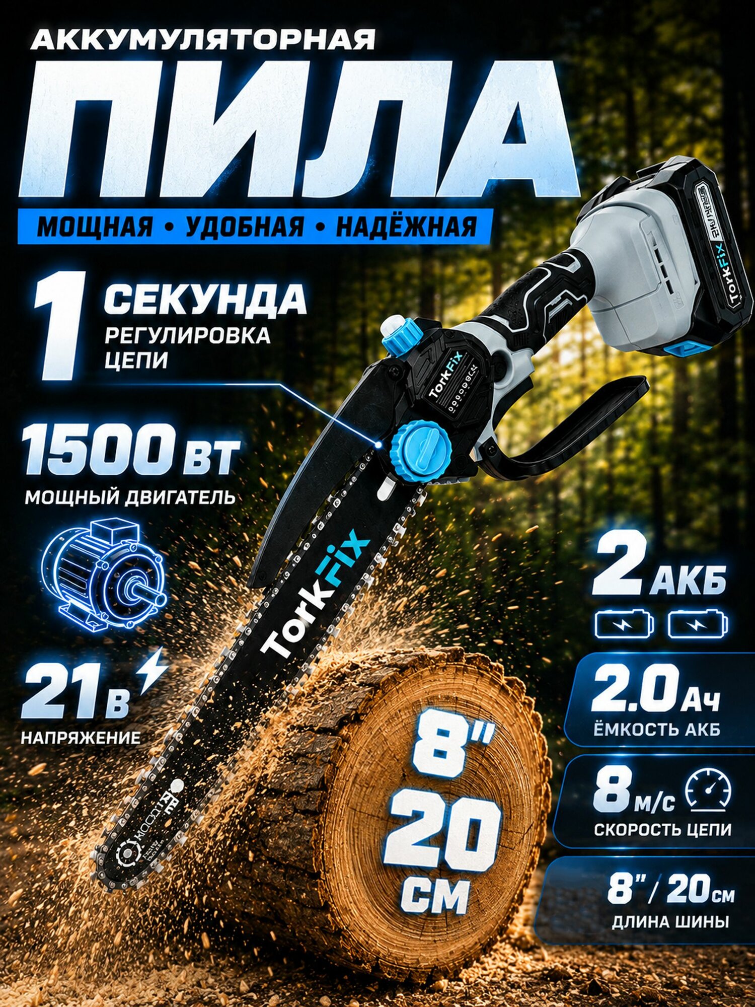 Пила аккумуляторная цепная 6/8 дюймов, пила аккумуляторная садовая с масляным баком, быстрой регулировкой цепи, 2 АКБ, для веток и дерева