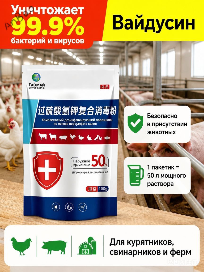 2 упаковки дезинфицирующих средств для ферм и курятников, пероксимоносульфат калия 50%-составной порошок для дезинфекции