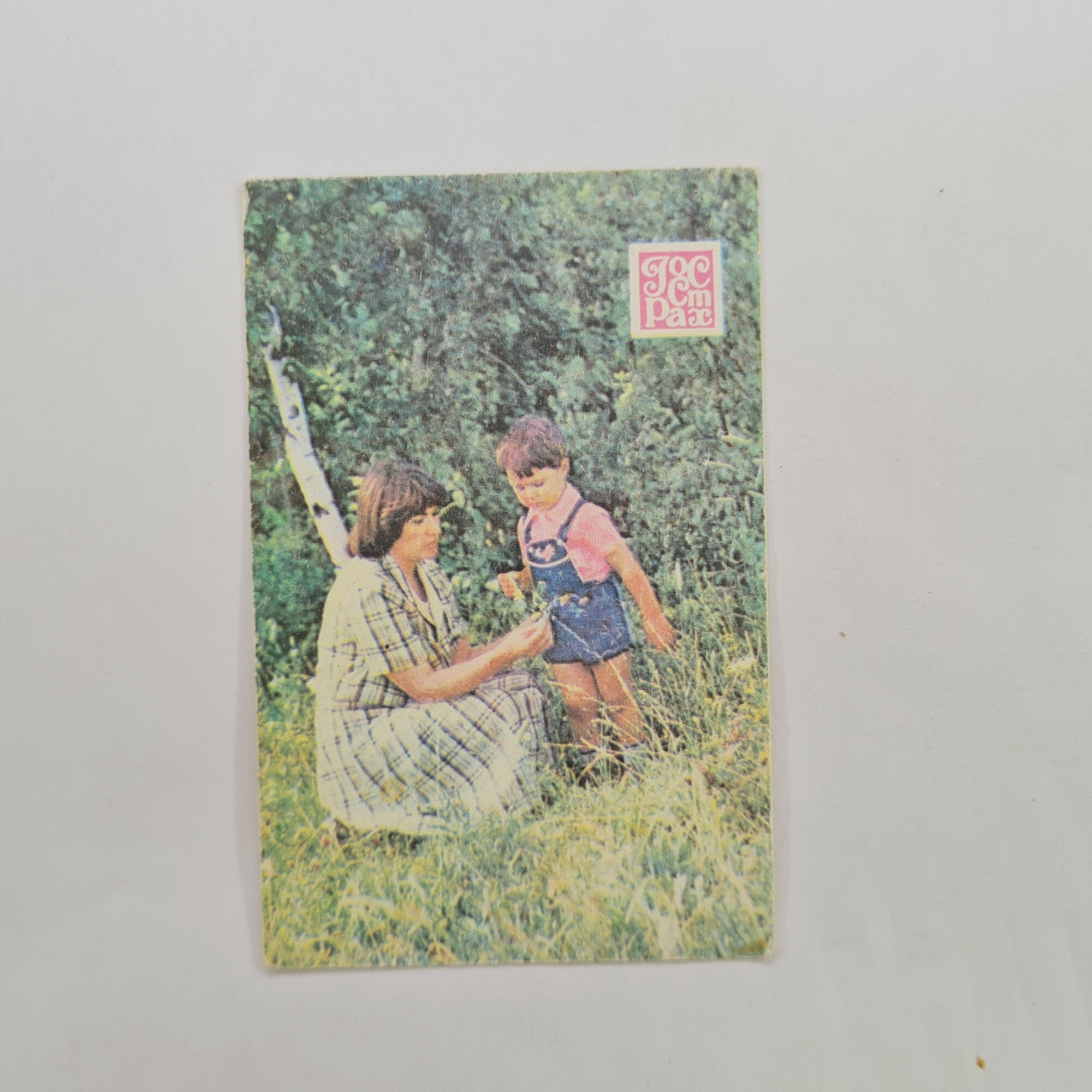 Карманный календарик 1987. Мать с ребенком на природе, цветы и зелень. Календарь винтажный