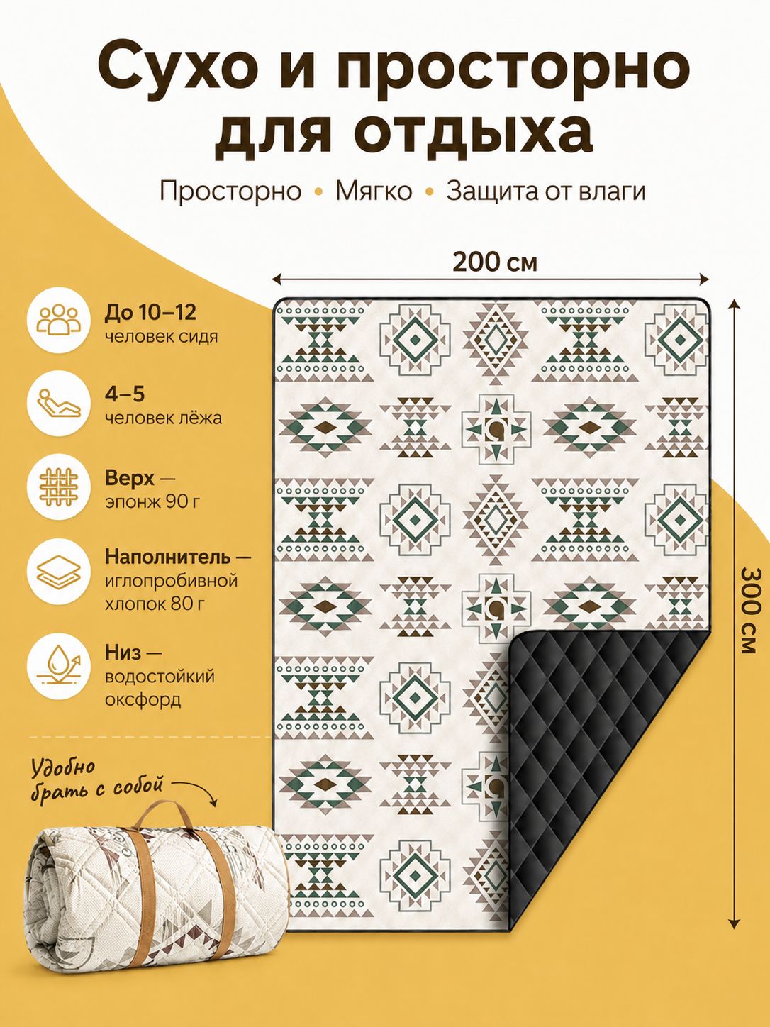 Коврик для палатки туристический 200х300 см, складной влагостойкий ковер для кемпинга и пикника