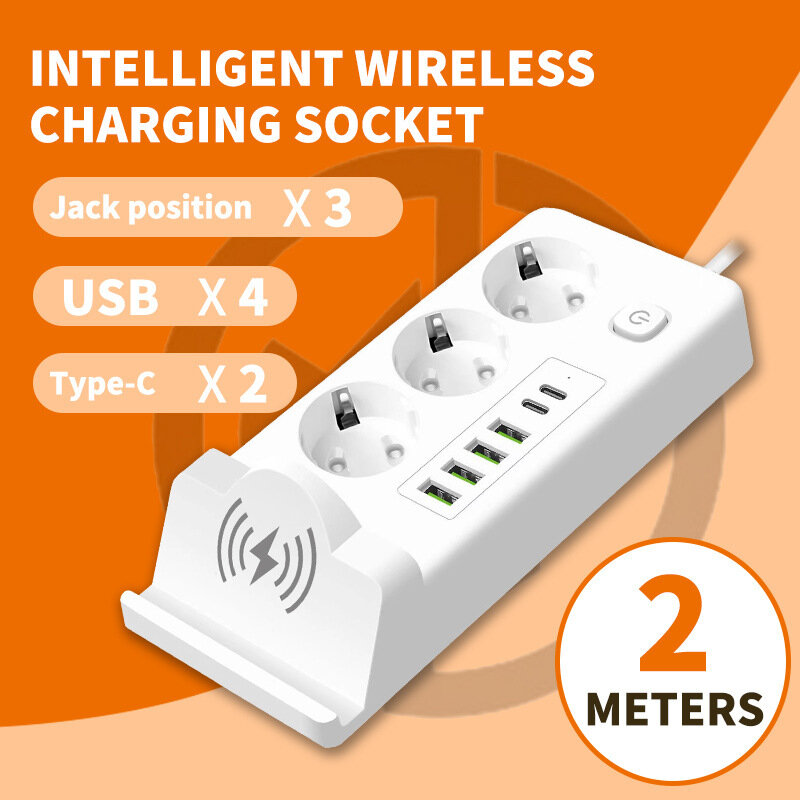 Беспроводная зарядная розетка для столешницы 4xUSB 2 Type-C 10А 2500Вт с защитой от перенапряжения, кабель 2м, белый