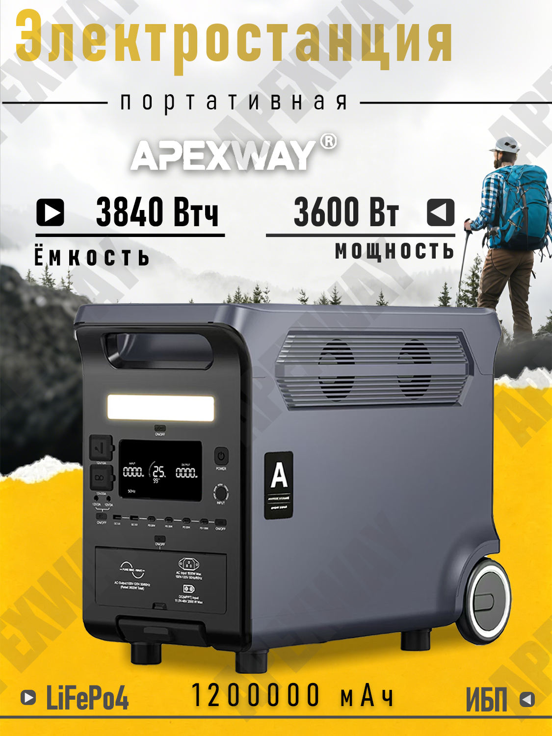 Портативная электростанция станция 1200000 mAh 3600W APEXWAY бесшумный генератор