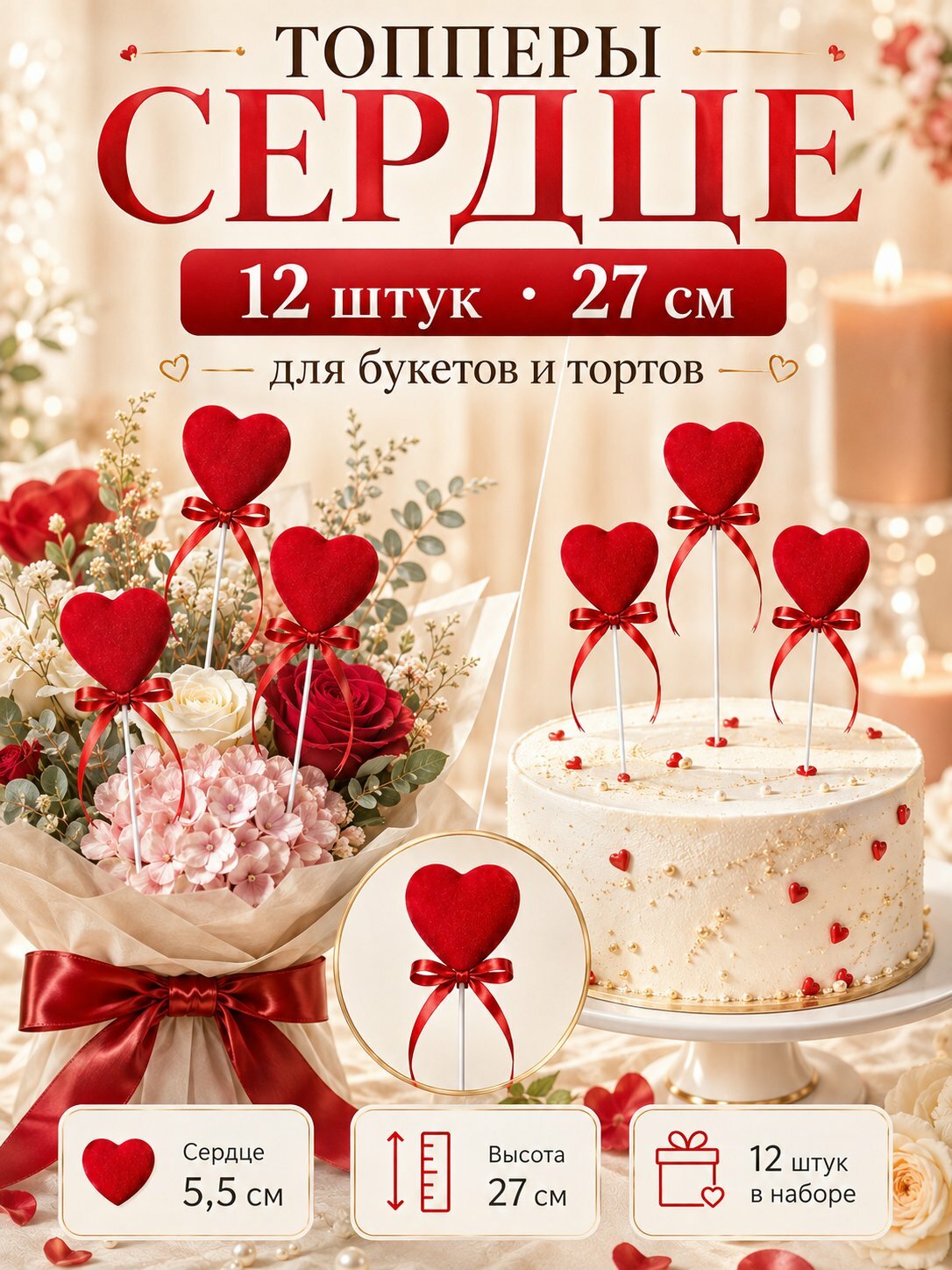 Топпер мишка для букета 27 см 12 шт, набор декоративных сердец 5.5 см для цветов, подарочных боксов и композиций
