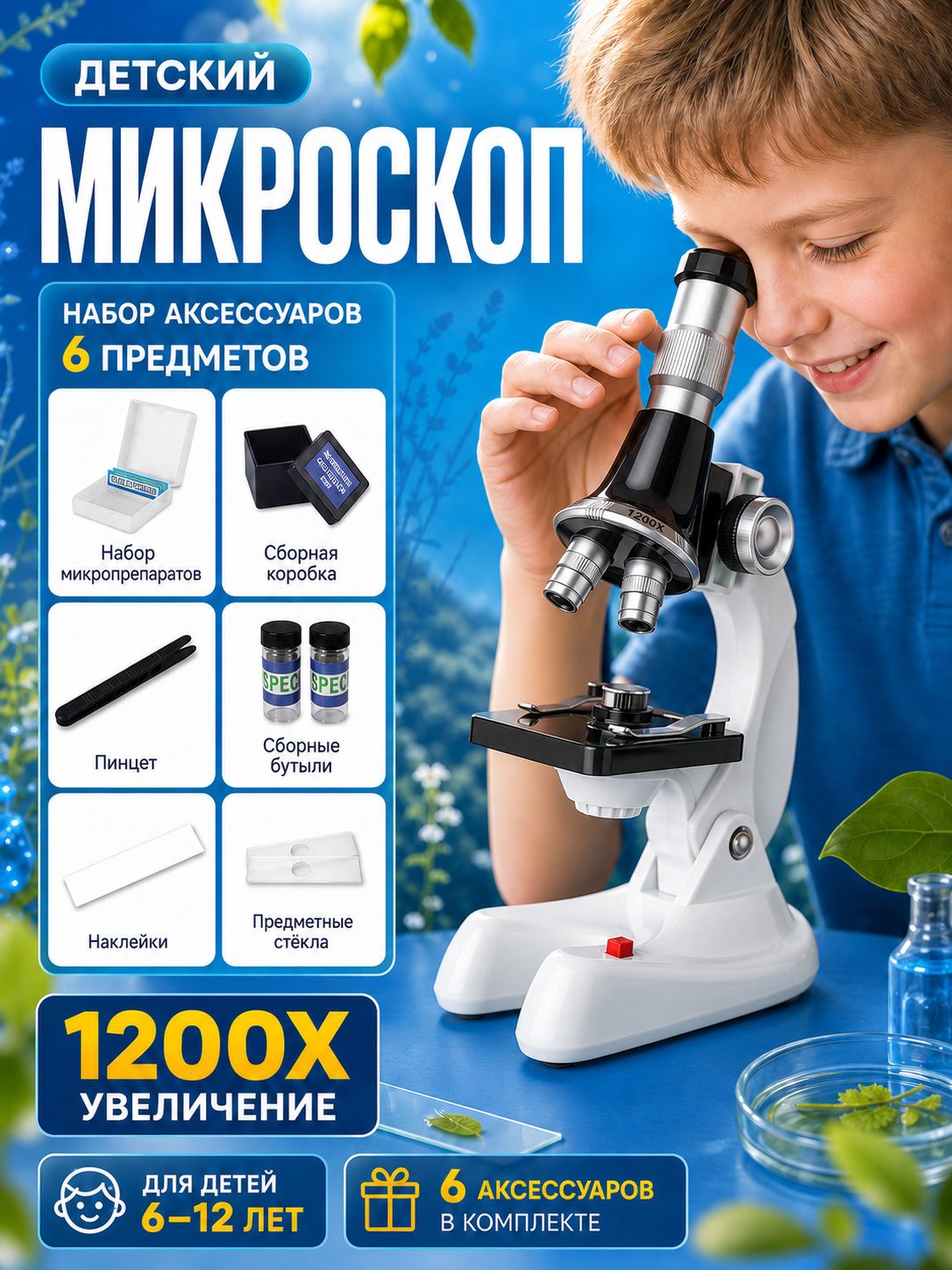 Микроскоп детский , микроскоп профессиональный школьный для опытов и экспериментов с увеличением до 1200х, подарок детям
