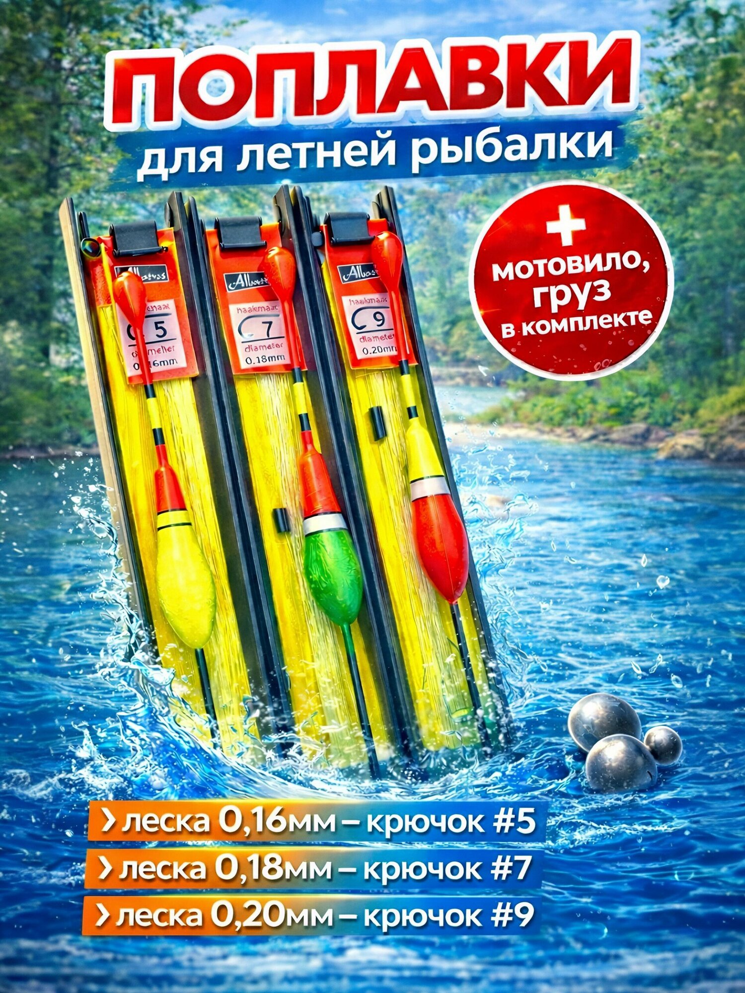 Поплавки для летней рыбалки набор 3 шт / крючок, леска, поплавок, грузило, мотовило