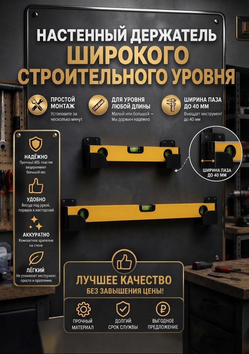 Крепление на стену для широкого строительного уровня. Держатель настенный широкого строительного уровня до 40мм шириной