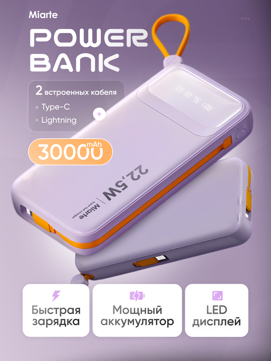 Повербанк для айфона, андроида, с быстрой зарядкой, 30000mAh, Power bank для телефона с встроенными проводами, Miarte