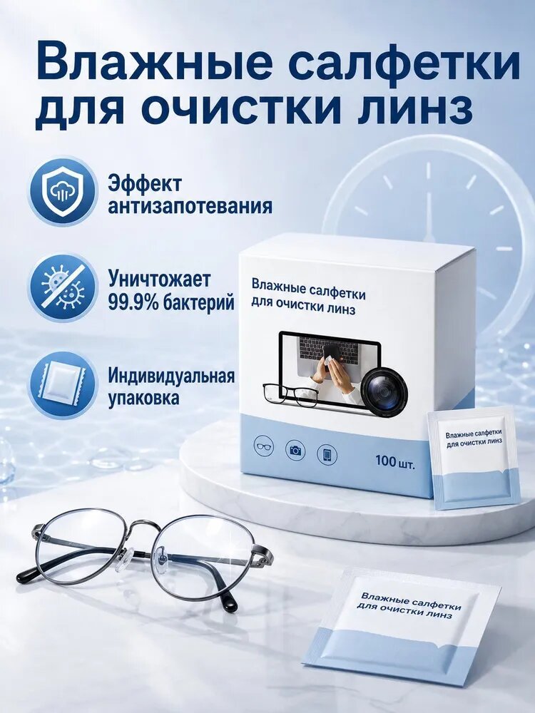 Салфетки для чистки линз 100 шт: независимая упаковка, антизапотевание, без ворса для очков, камер и экранов
