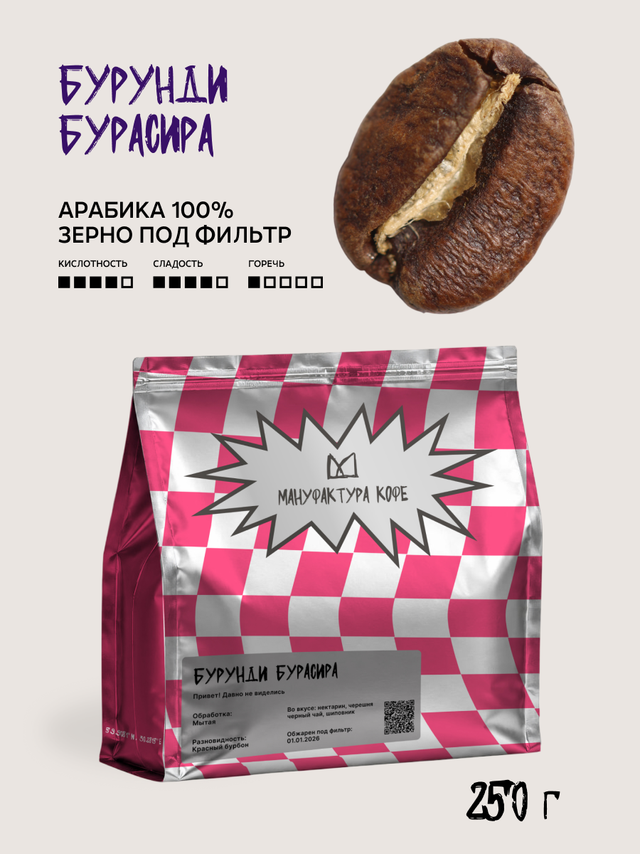 Кофе в зернах Мануфактура кофе Бурунди Бурасира, 250 г, светлая обжарка