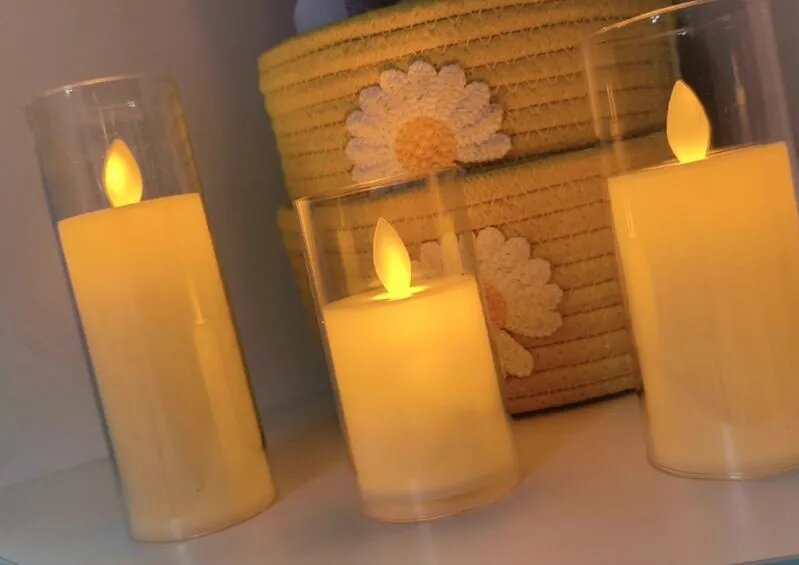 Светодиодная свеча "LED CANDLE" в стеклянном цилиндре, набор из 3 шт, 3V, желтое свечение, на батарейках — фото 1