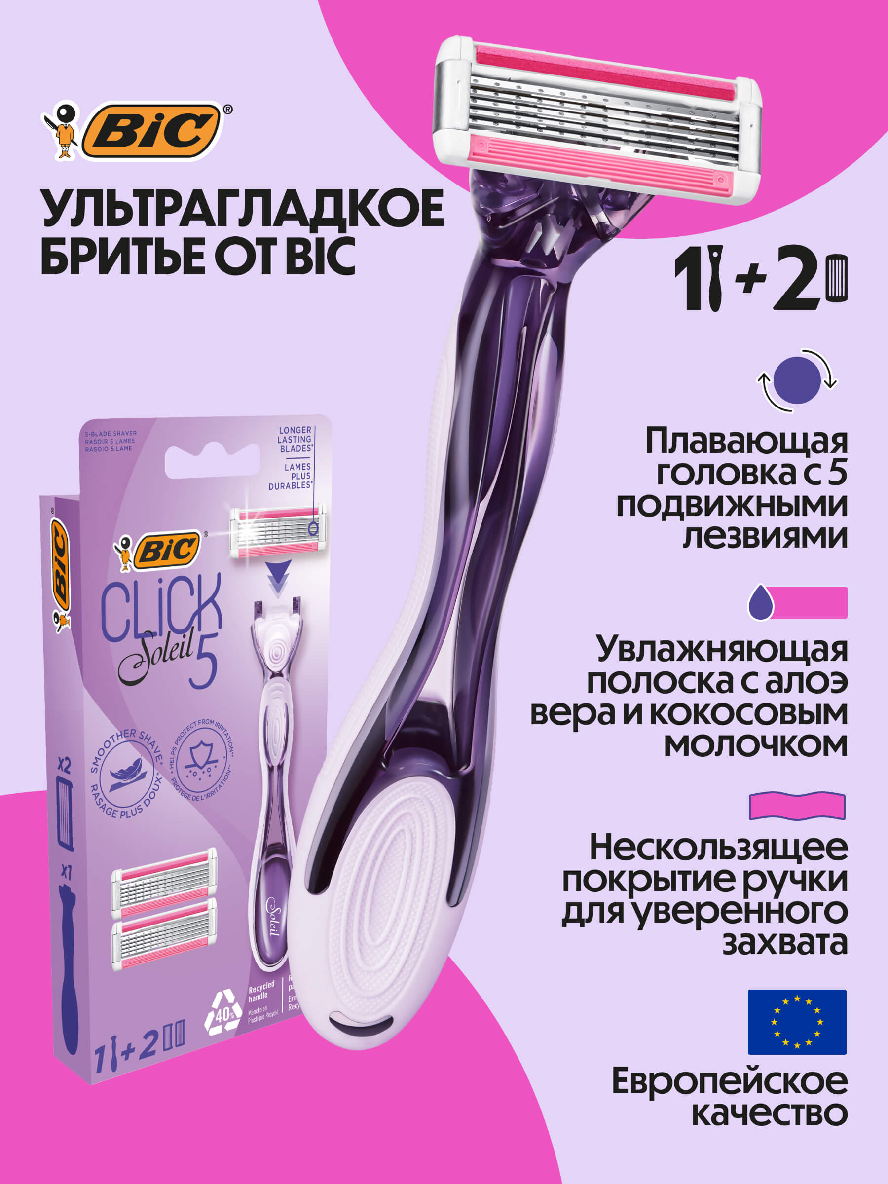 Женская бритвенная система BIC Click 5 Soleil,1 ручка + 2 кассеты