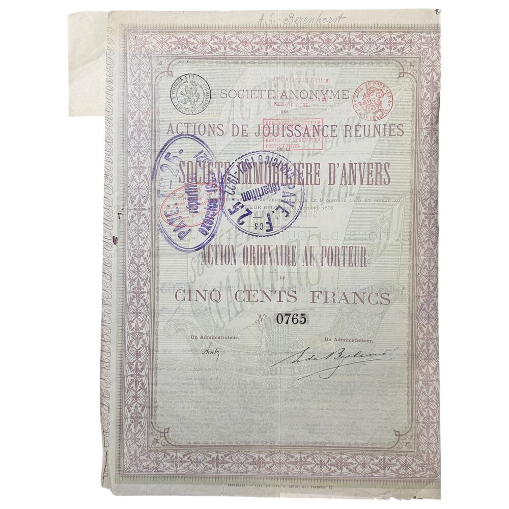 Бельгия, Societe Immobiliere d Anvers, сертификат на 1 акцию 1875 г.
