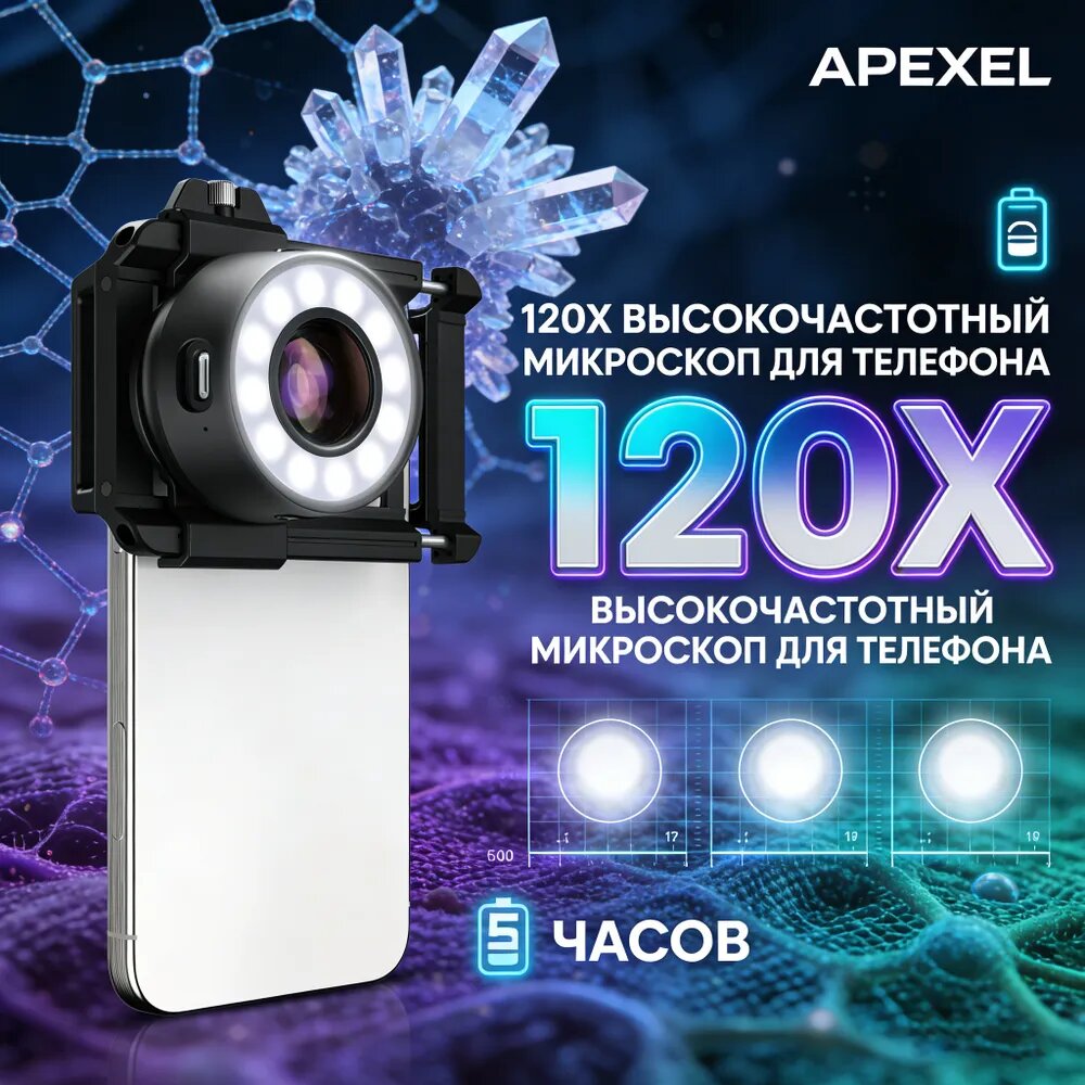 Объектив микроскопа для мобильного телефона APEXEL 120X, ювелирная лупа, с маской для глаз / светящимся светодиодом / универсальным зажимом, совместимый с iPhone / Android