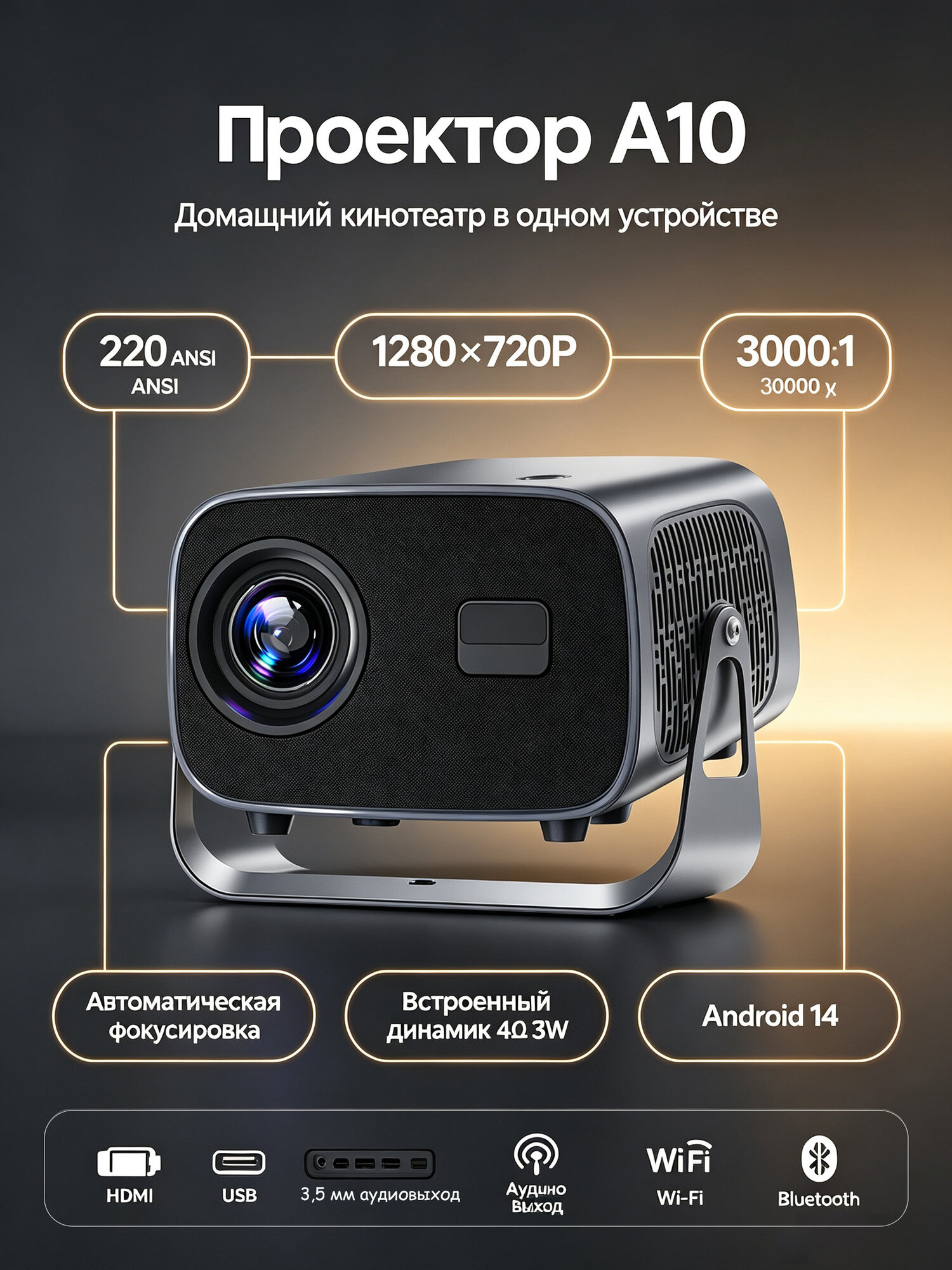 Проектор для фильмов Full HD 1080P с автофокусом, Android 14, Wi-Fi 6, Bluetooth 4.0, проектор с телефона, домашний проектор
