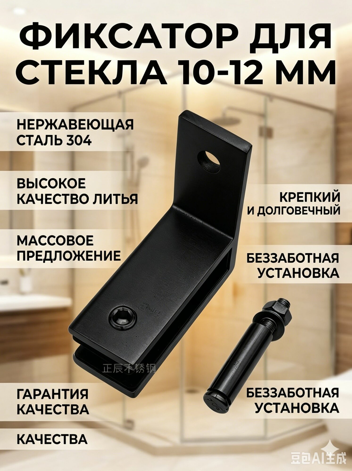 Эксклюзивный коннектор 67х67 мм для цельностеклянных соединений под 90 градусов, матовый из нержавейки