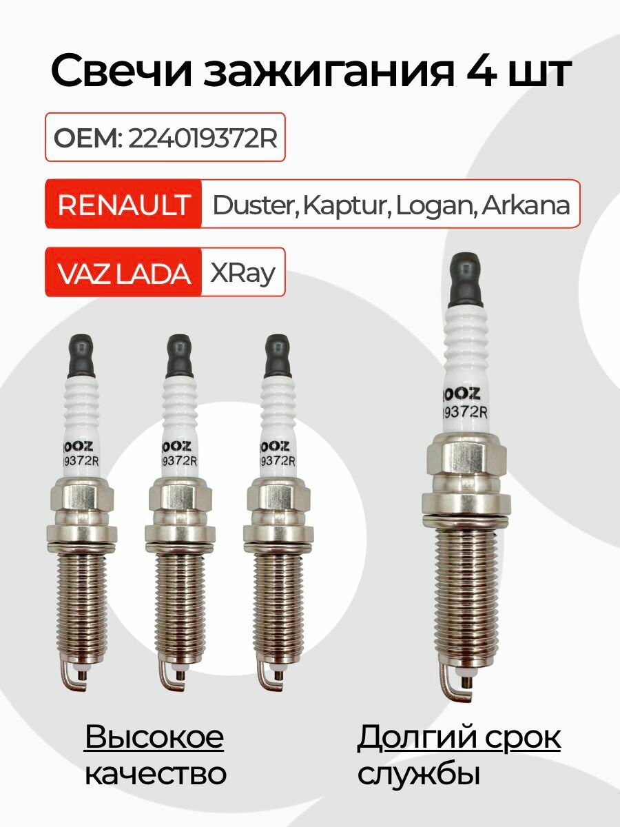 Cвечи зажигания 4 шт. двигатель 1.6 H4M Renault Kaptur, Duster, Logan, Sandero, Arkana, Lada Vesta, XRay OEM: 224019372R