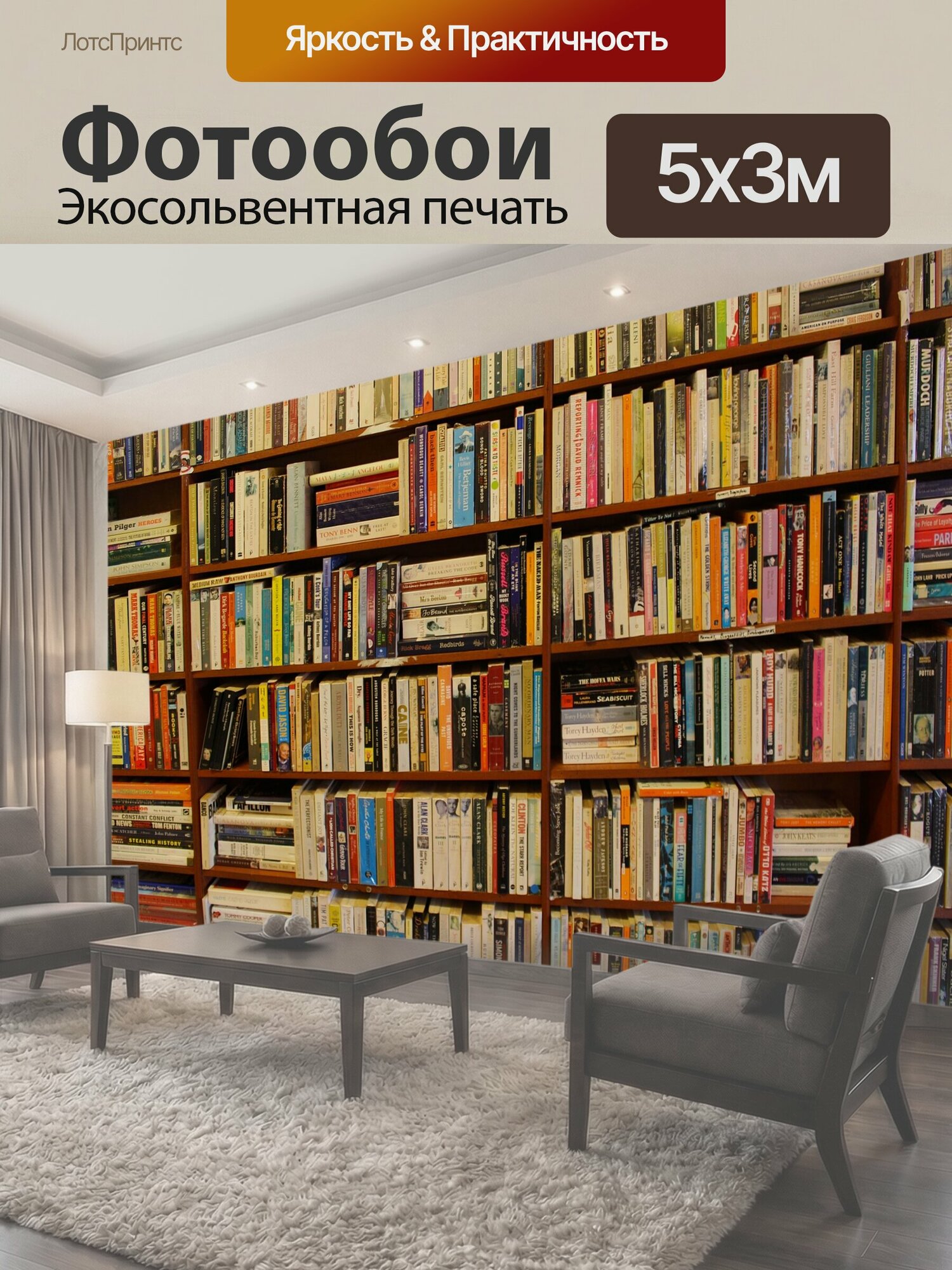 Фотообои "Книги, книжный шкаф, библиотека" 500x300 см. экосольвентная печать