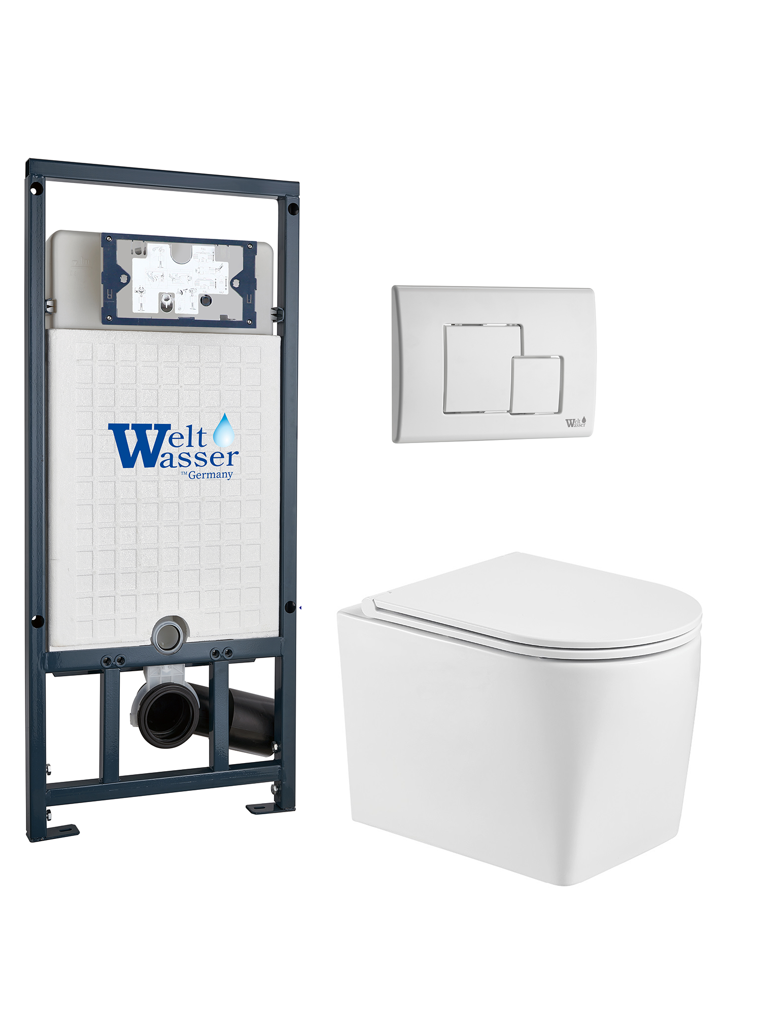 Комплект 3 в 1 Унитаз подвесной WeltWasser NESENBACH 004 GL-WT безободковый+Инсталляция MARBERG 507 с кнопкой MAR 507 SE GL-WT белая глянцевая