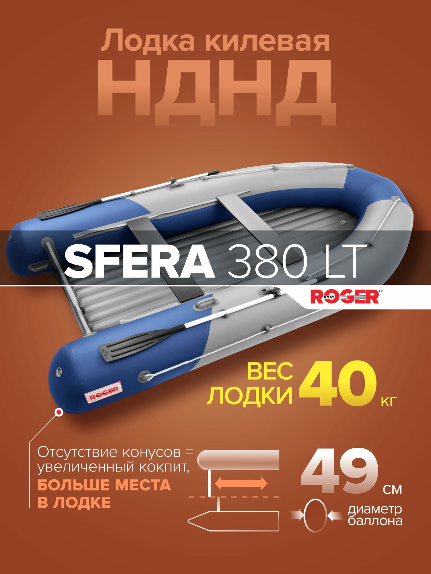 Лодка ПВХ под мотор ROGER Sfera 380 LT, надувная для рыбалки НДНД килевая (серый-синий)