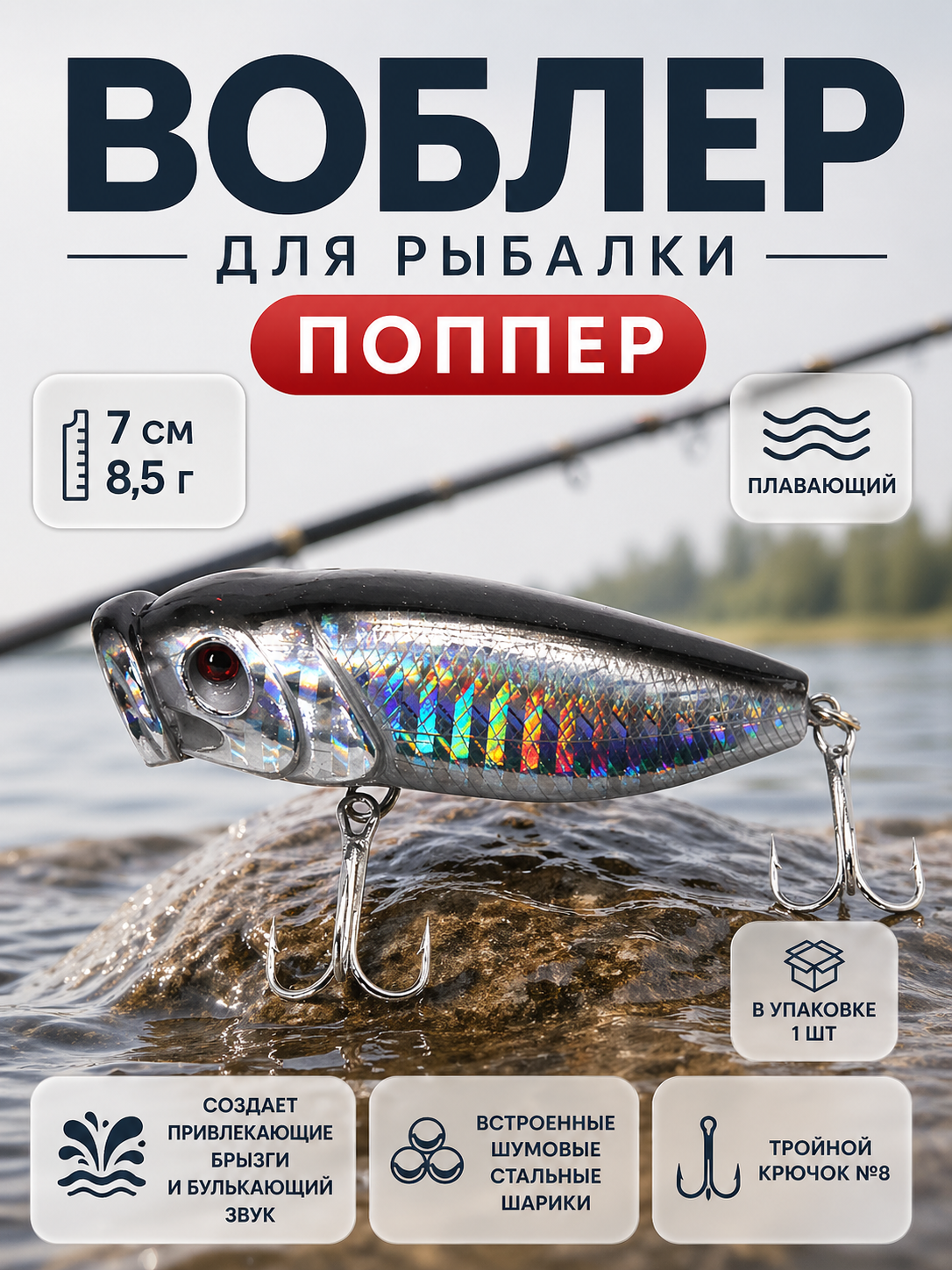 Воблер поппер, плавающая поверхностная приманка, для пресноводной и морской рыбалки 7 см/8,5 г, черно-серебристая