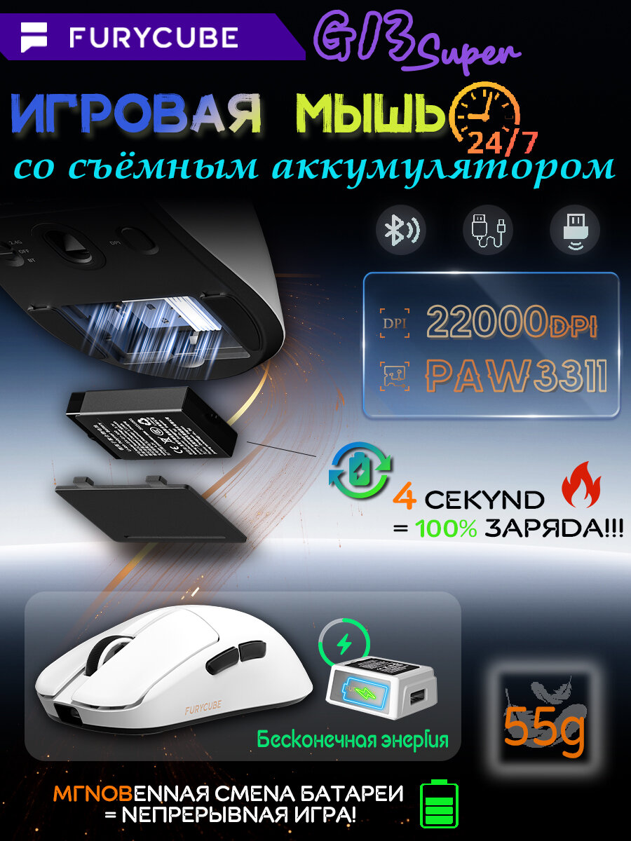 Furycube Игровая мышь беспроводная G13S игровая мышь со съёмным аккумулятором, беспроводной, PAW3311, 22000DPI, белый