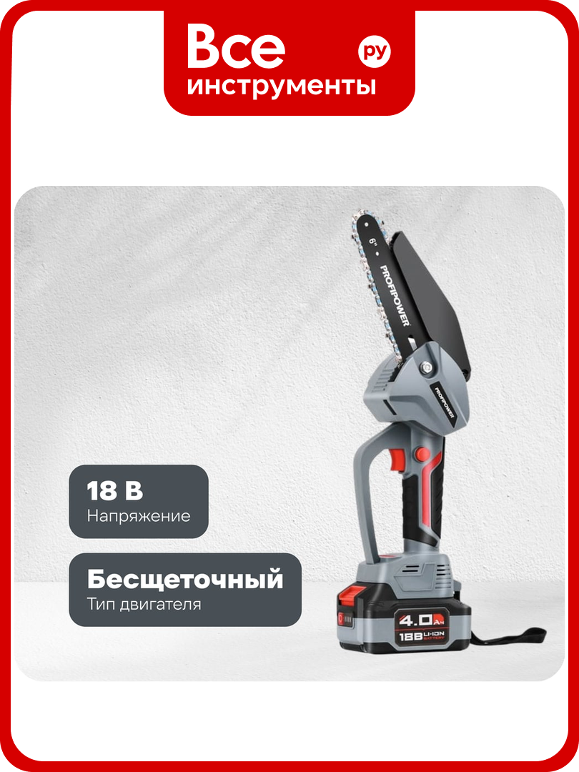 Аккумуляторная бесщеточная цепная пила Profipower MKGST-18V (Li-ion-2шт, 2.0Ач, 0-4500 об/мин, З/У, коробка) E0097