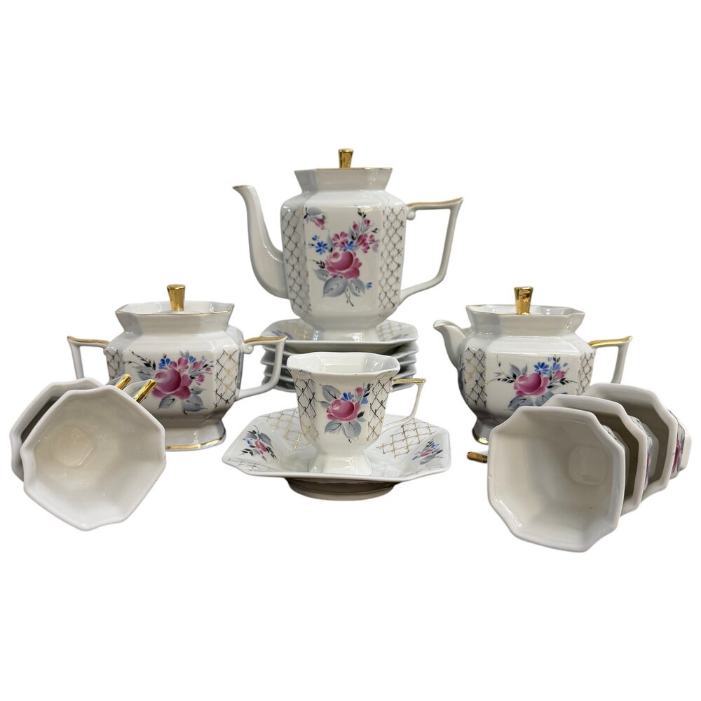 Кофейный сервиз "Сысертская роза", (6 персон, 15 предметов), роспись, 1977-1991 гг, Сысерть, СССР