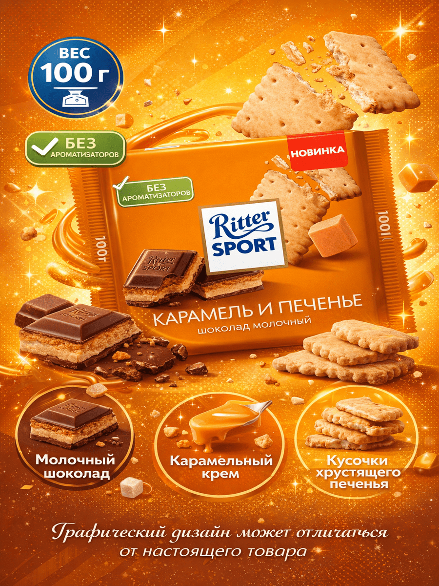 Шоколад Ritter Sport молочный карамель и печенье, 100г