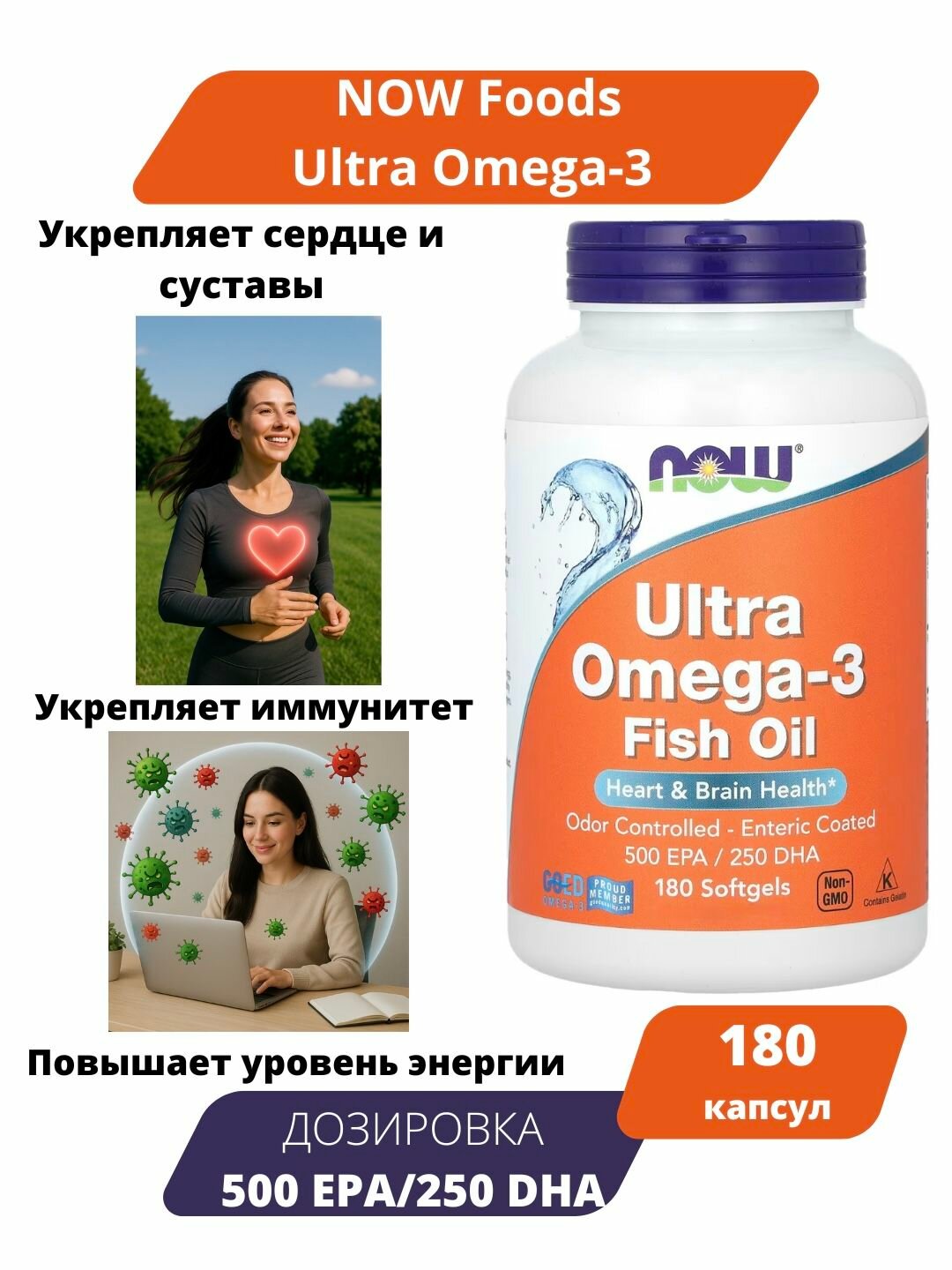 NOW Ultra omega-3 180 капсул 500 EPA/250 DHA / Пищевая добавка Ноу ультра омега 180 капсул 500 ЕПА/250 ДГА