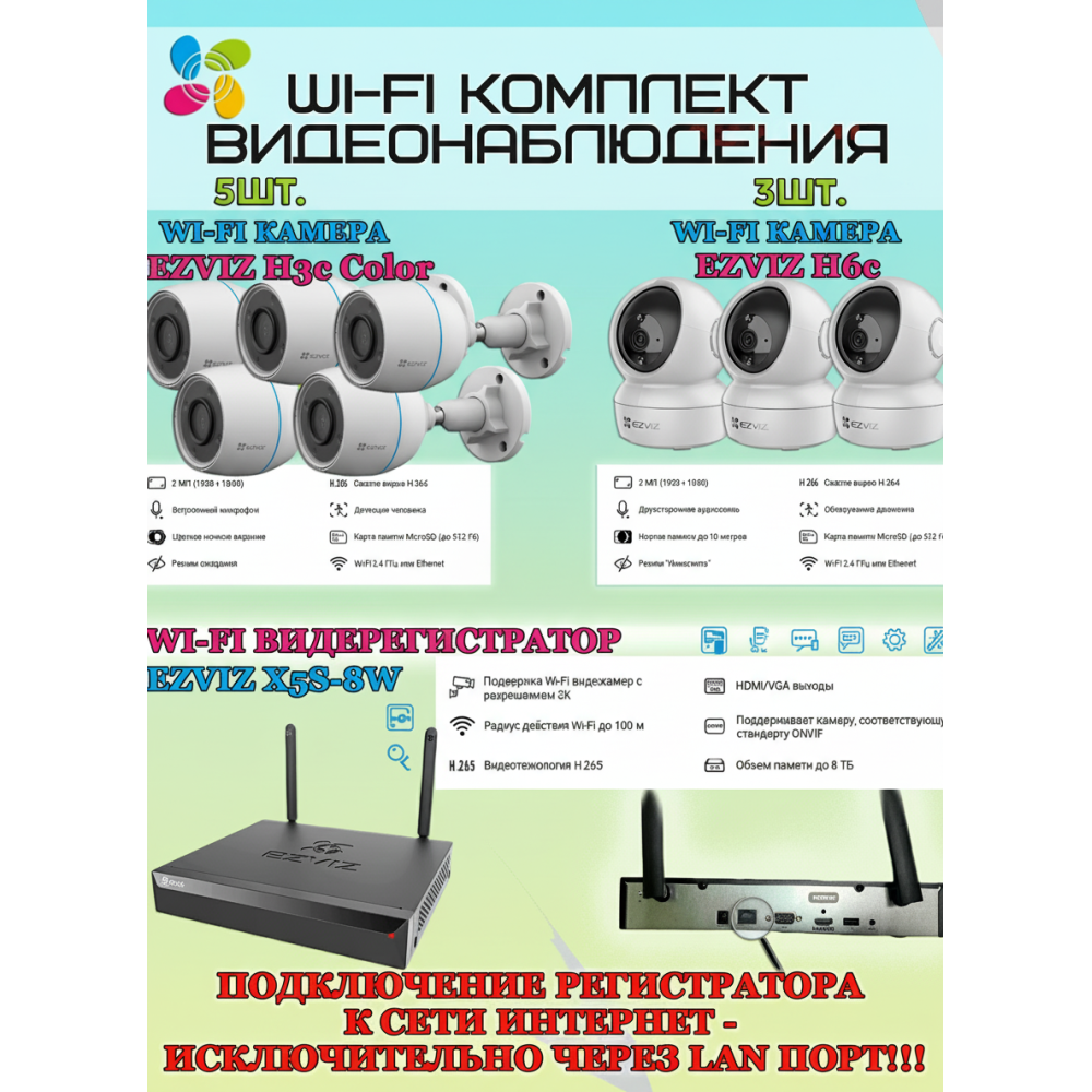 Wi-Fi Комплект видеонаблюдения EZVIZ на 8 камер видеонаблюдения - 2Мп Full HD 1920x1080P (CS-X5S-8W + 5хCS-H3c Color + 3хCS-H6c) 2.4 ГГц IP67, Двусторонняя аудиосвязь, ИК до 30м, угол 125гр Поворот до 340 гр