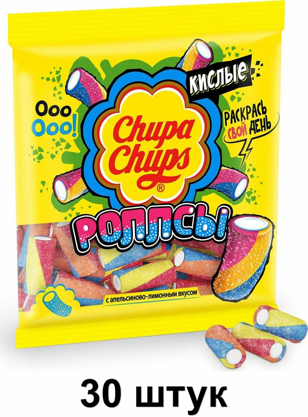 Chupa Chups Мармелад жевательный Роллсы кислые с апельсиново-лимонным вкусом, 70г, 30 шт