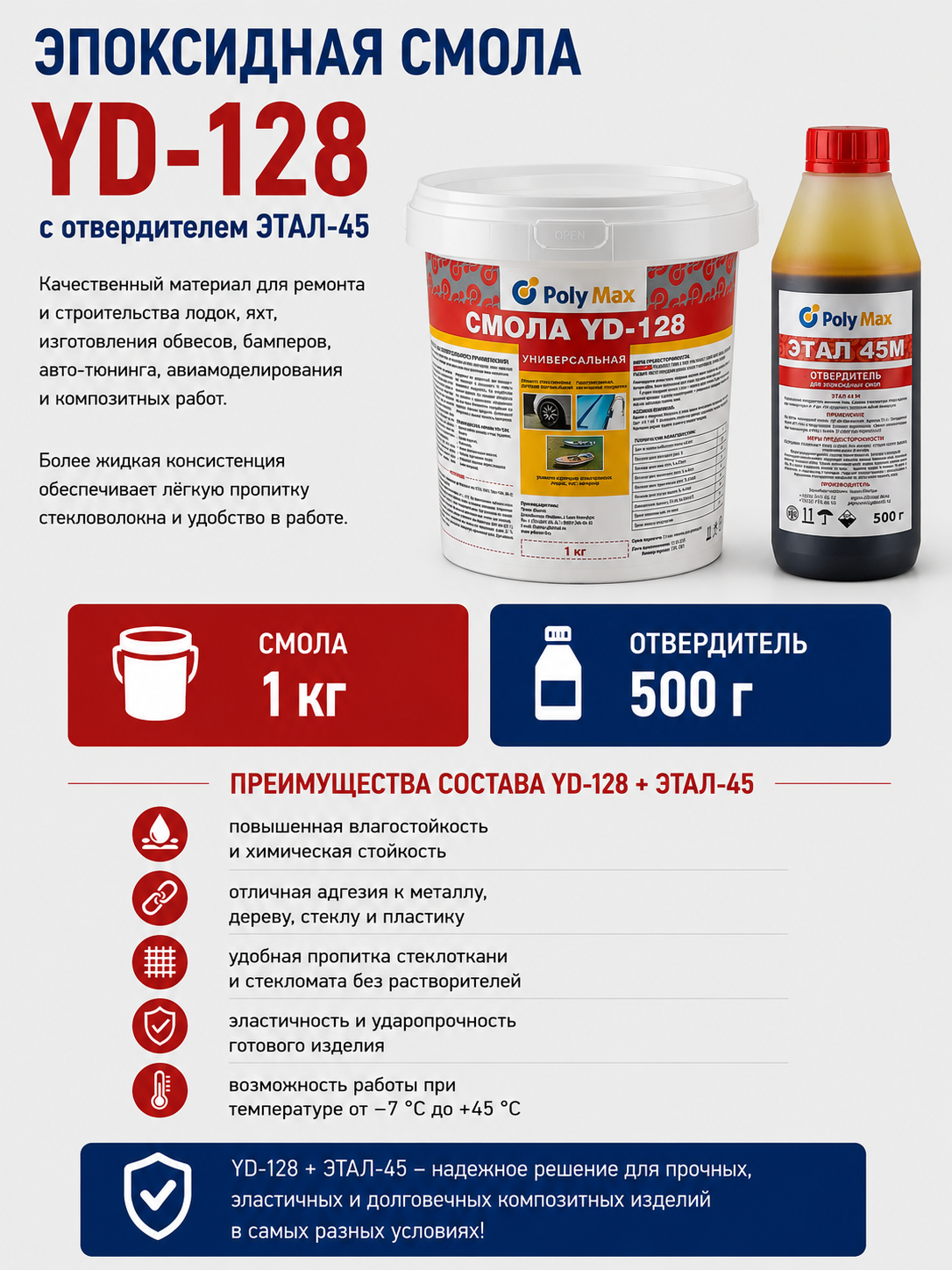 Эпоксидная смола YD-128 (1 кг) с отвердителем этал 45 (500 г)