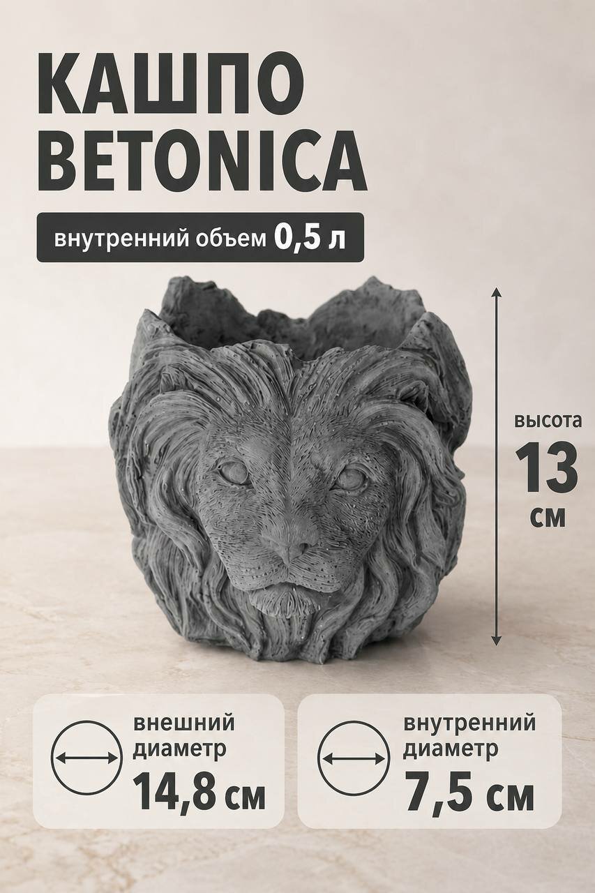 Горшок для цветов, кашпо для растений, кактусов и суккулентов, 14,8х14.8х13 см, декоративное из бетона , Лев