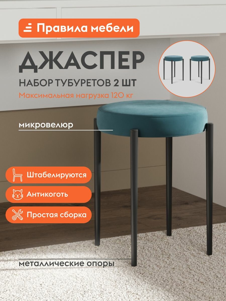 Табурет для кухни Джаспер, круглый, 2 шт, 34х34х49 см, Синий, микровелюр / Черный, металл