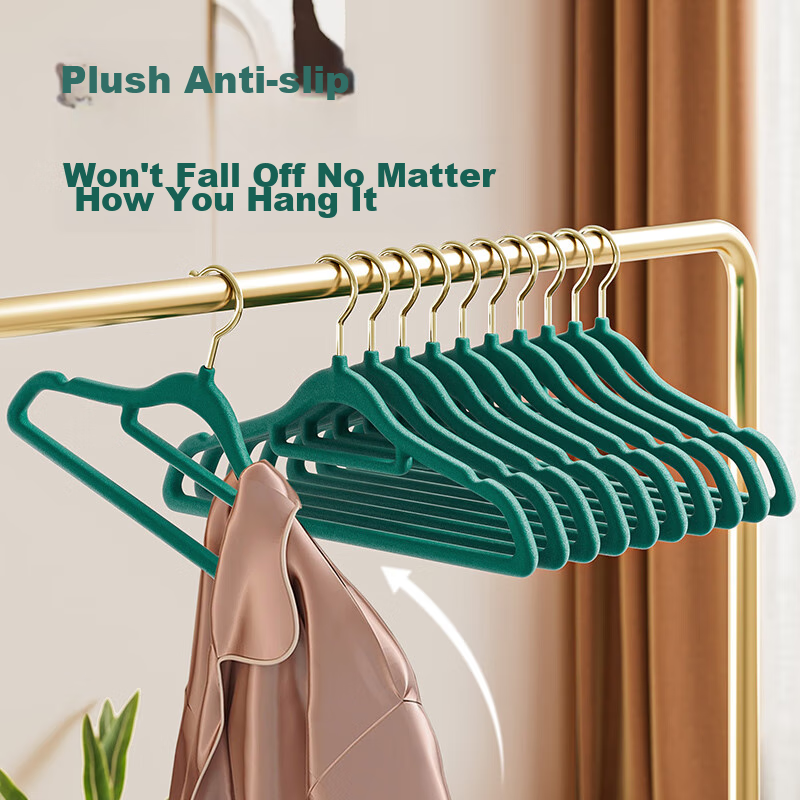 JEKO&JEKO Velvet Hangers, Non-Slip Clothes Hangers, Garment Hangers, Wardrobe Hangers, Green, 10 Pieces