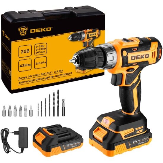 Дрель-шуруповерт аккумуляторная Deko Banger 20V ONE в кейсе + 13 предметов, 2x3Ач (083-1109)
