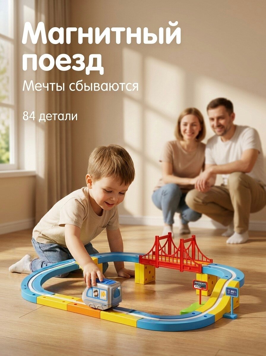 Детский магнитный конструктор-поезд, 84 детали, 1 поезд, подарочная коробка, подарок на 1 июня