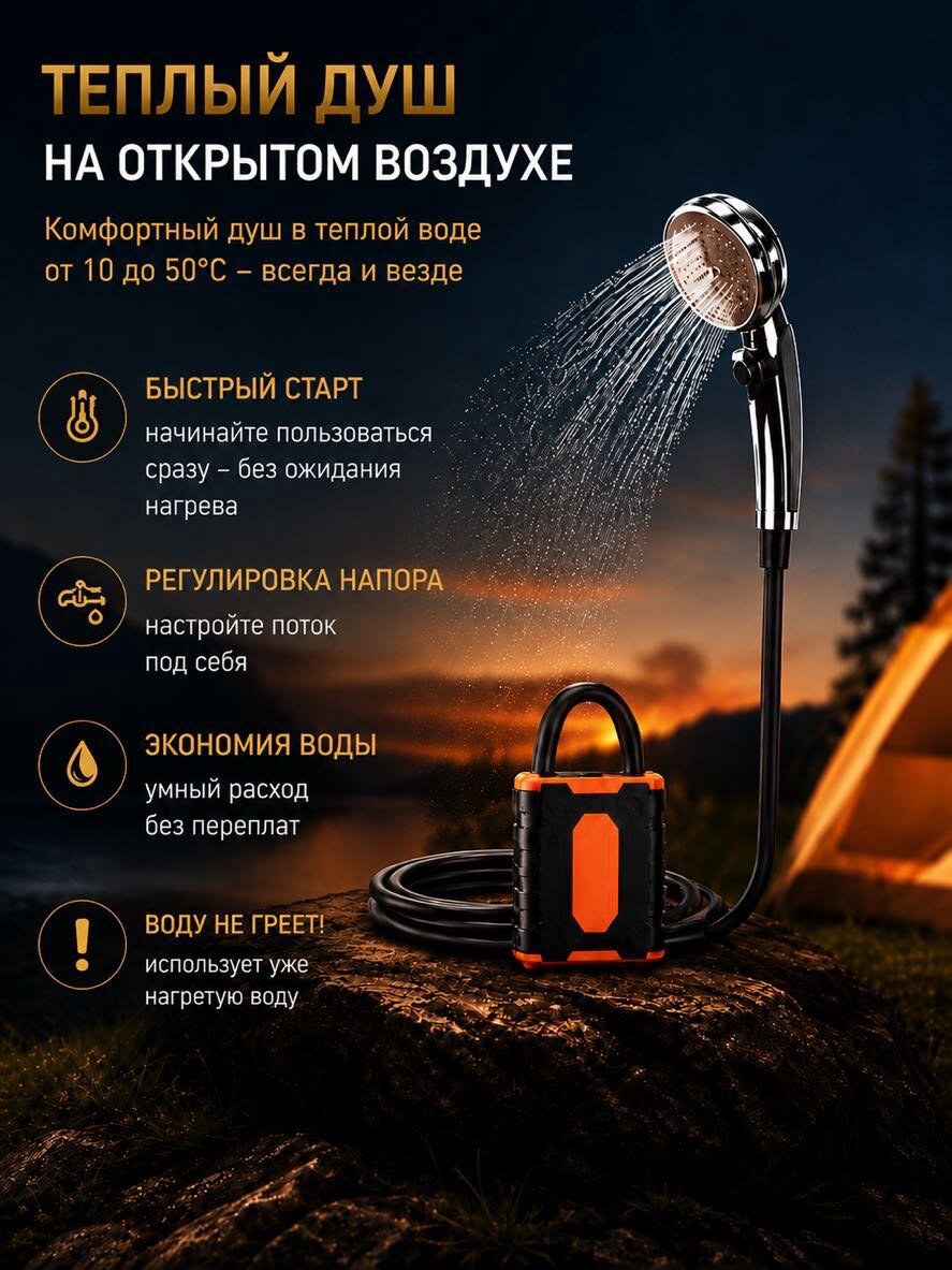 Походный душ , портативный аккумуляторный для дачи, кемпинга и отключения горячей воды — фото 1