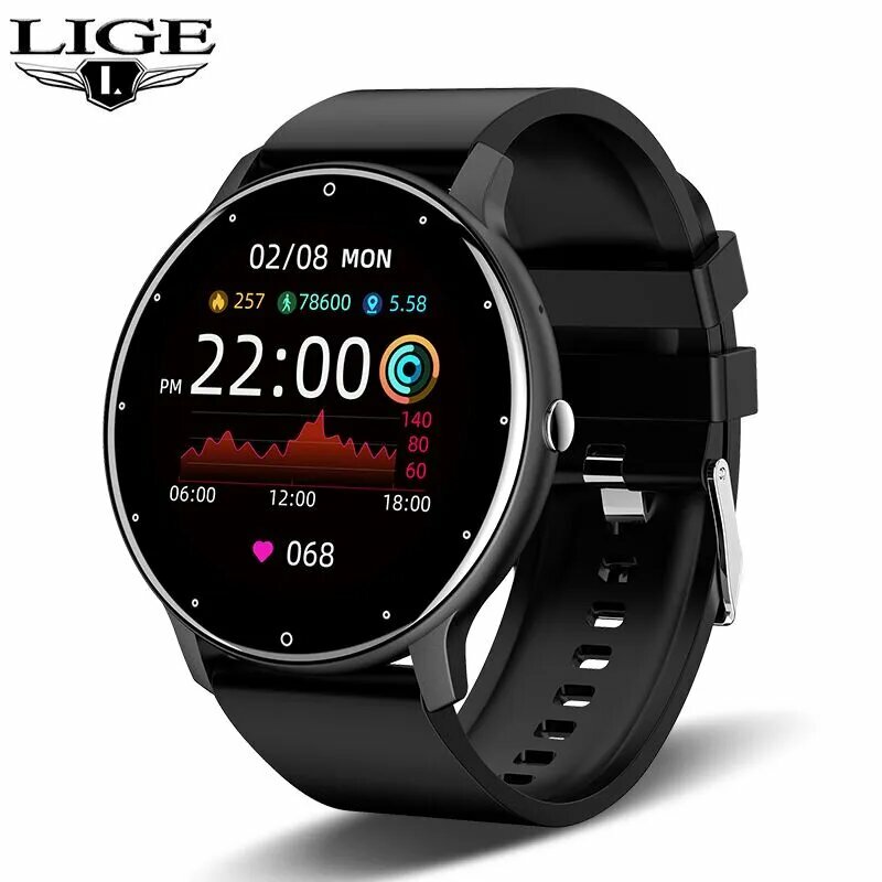LIGE Смарт-часы 1.28″: давление, пульс, шаги, расстояние, звонки, уведомления, поиск, 220 мАч, 45 мм, 45mm, черное