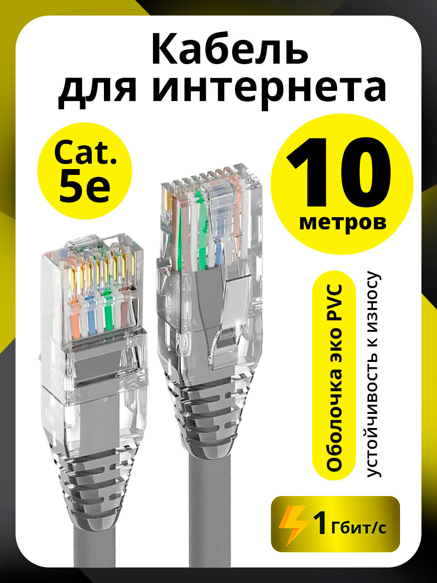 Патч корд кат. 5е 10 метров ELS сетевой кабель для интернета RJ45 для роутера модема телевизора приставки 1гбит/с серый