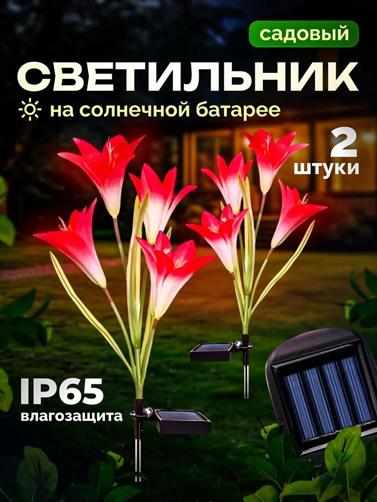 Садовый уличный светильник на солнечной батарее "Лилии", 2 шт, IP65, пластик ABS, красный/зеленый/белый