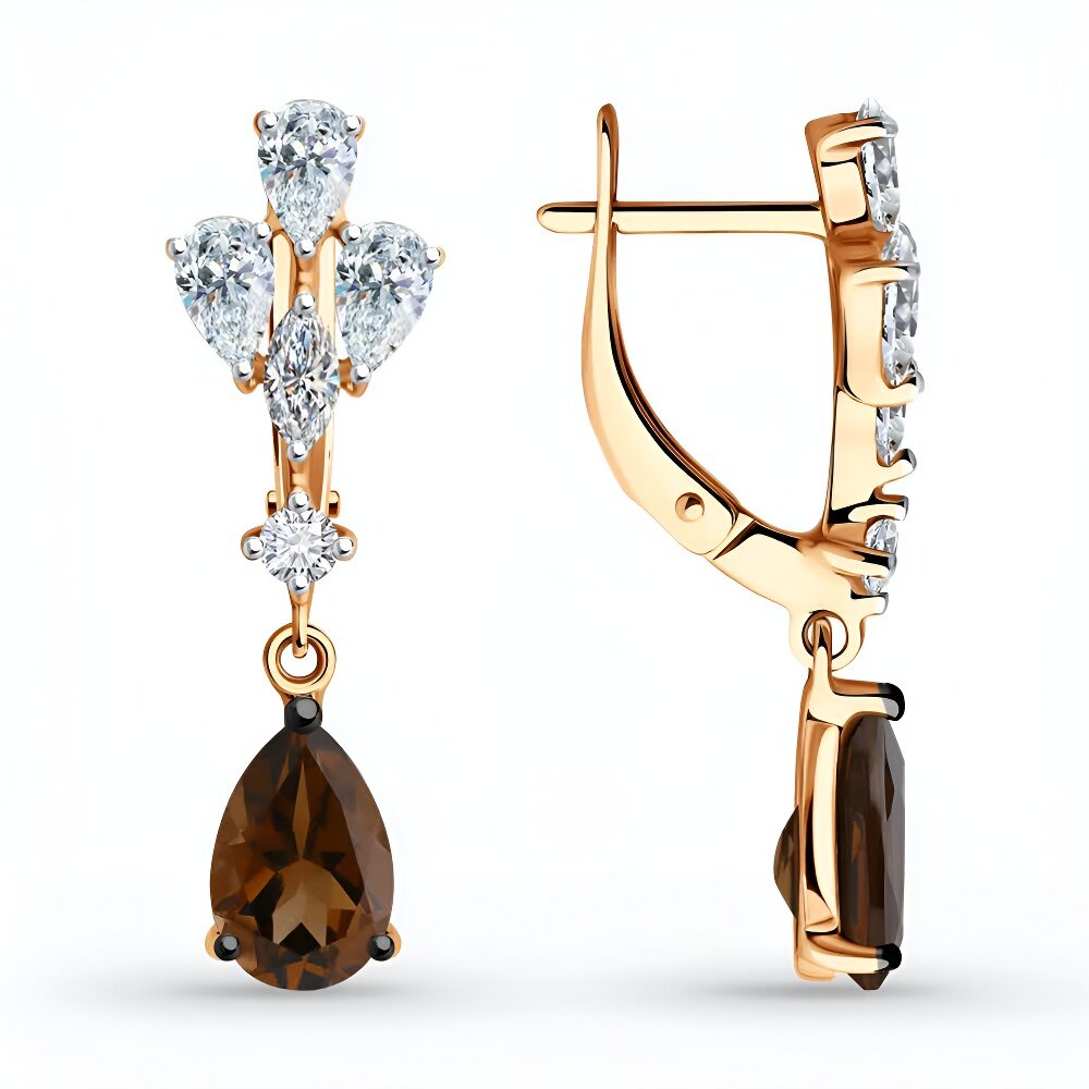 Серьги, серебро, 925 проба, фианит, раухтопаз