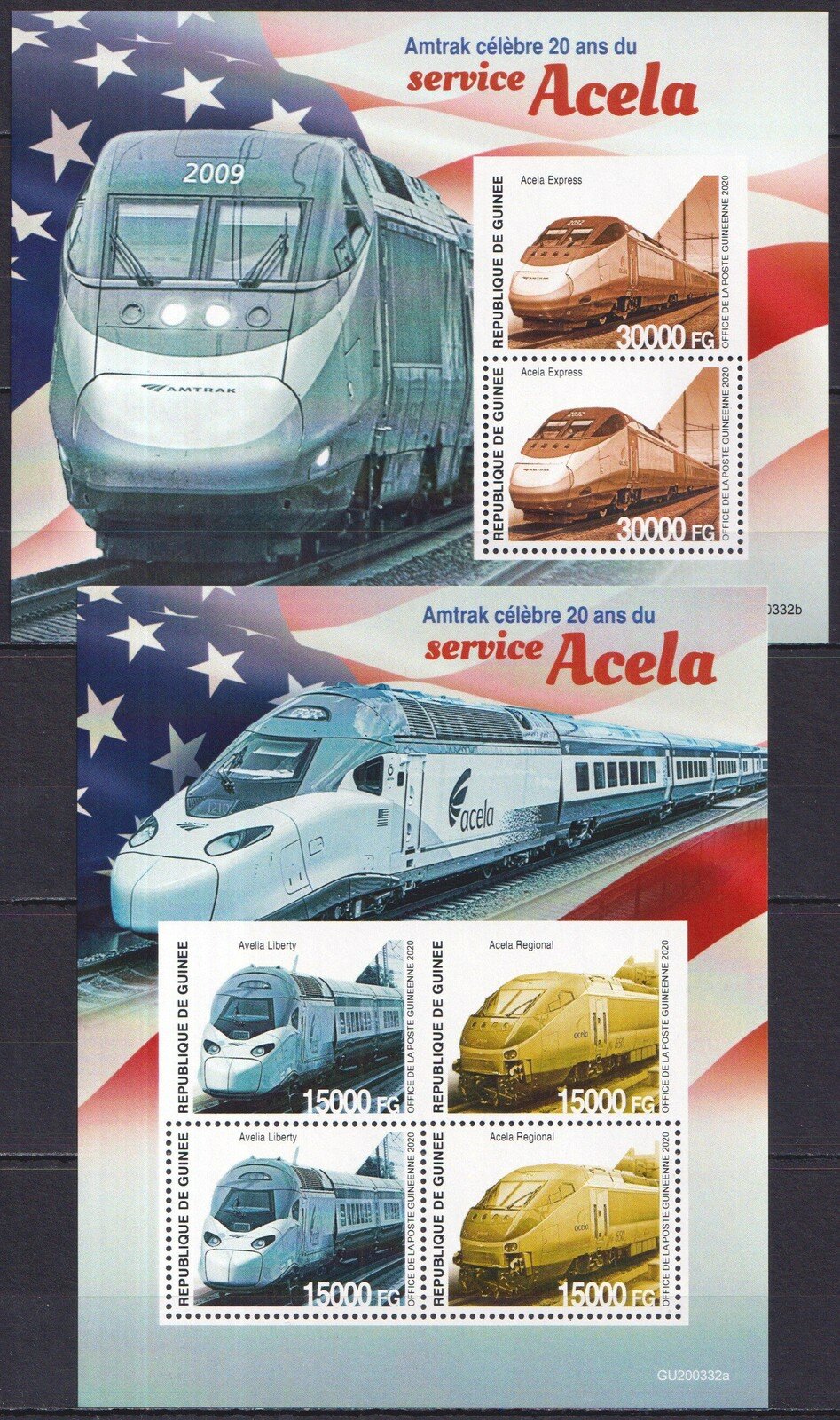 Зуб+б/зуб Марки 2020 год Гвинея Поезда Acela Express Сервис #(14956-14958)A+B ! KB+BL MNH