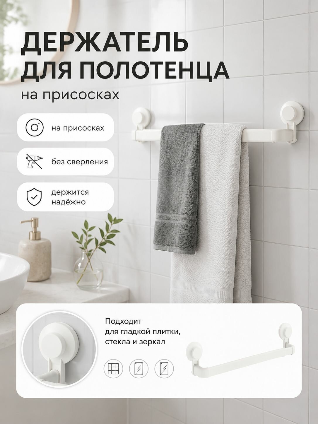 Держатель для полотенца на присоске белый, вешалка для полотенец икеа TISKEN