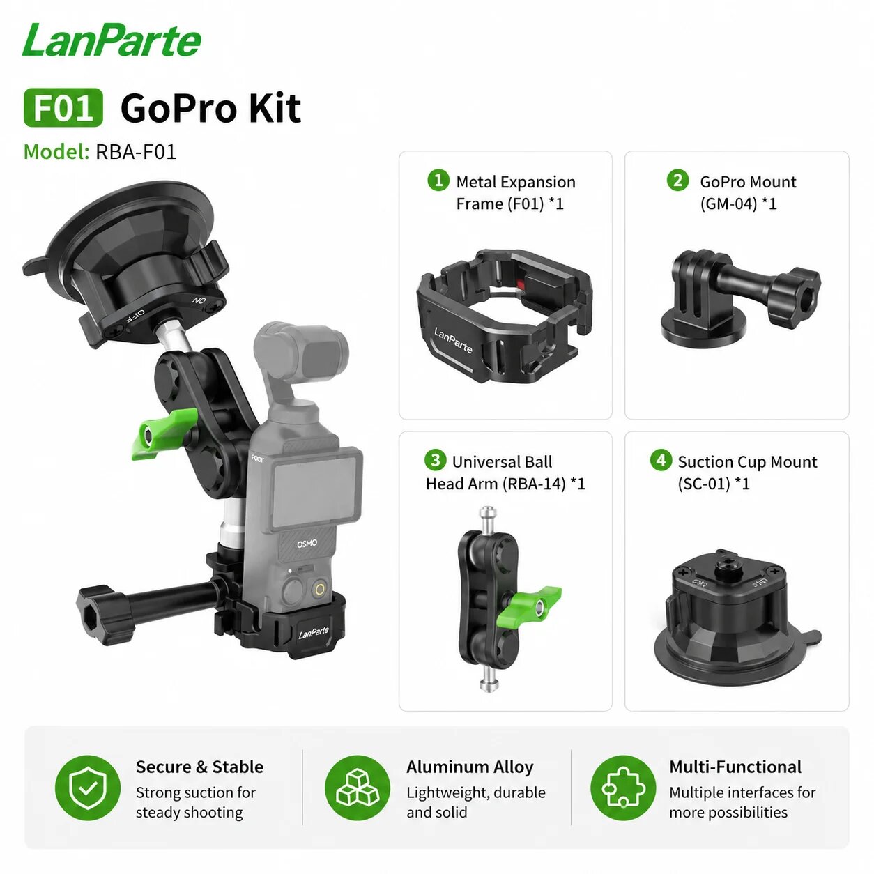 Крепление-присоска LanParte для DJI Osmo Pocket 3/4 F01 GoPro Kit